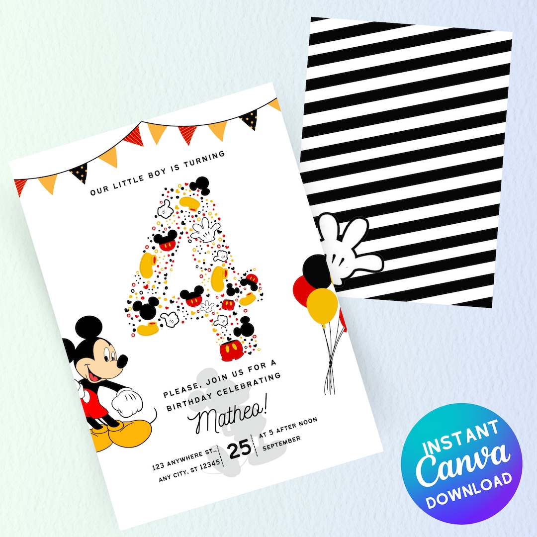 Editable Mickey 4th Birthday Invitation Canva Template, Printable ...