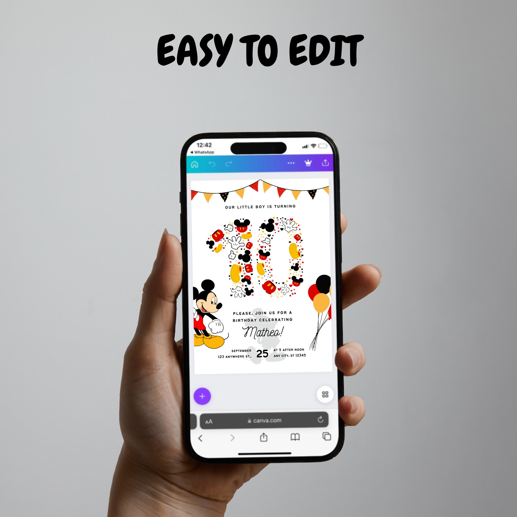 Editable Mickey 10th Birthday Invitation Canva Template, Printable ...