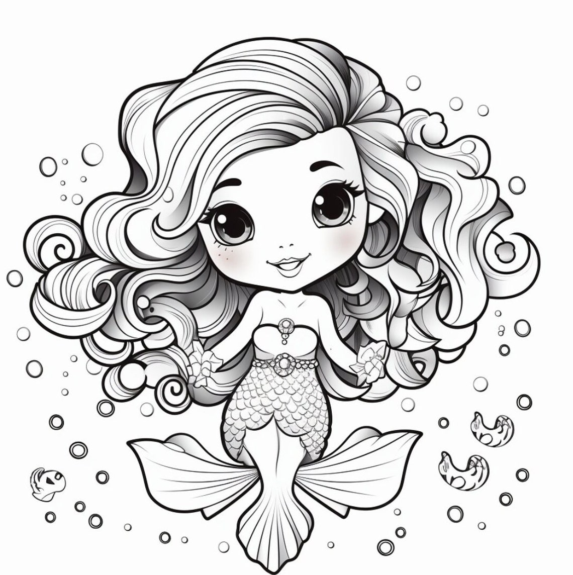 25 Cute Mermaid Coloring Book, Includes 6 Free Pages, All Ages, Kawaii ...