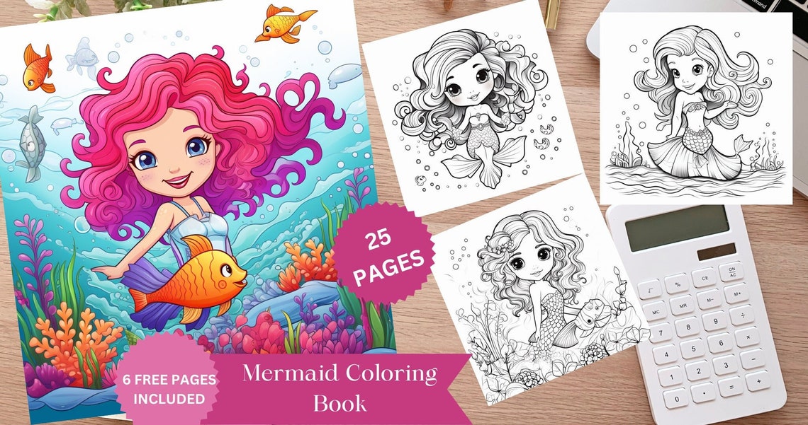25 Cute Mermaid Coloring Book, Includes 6 Free Pages, All Ages, Kawaii ...