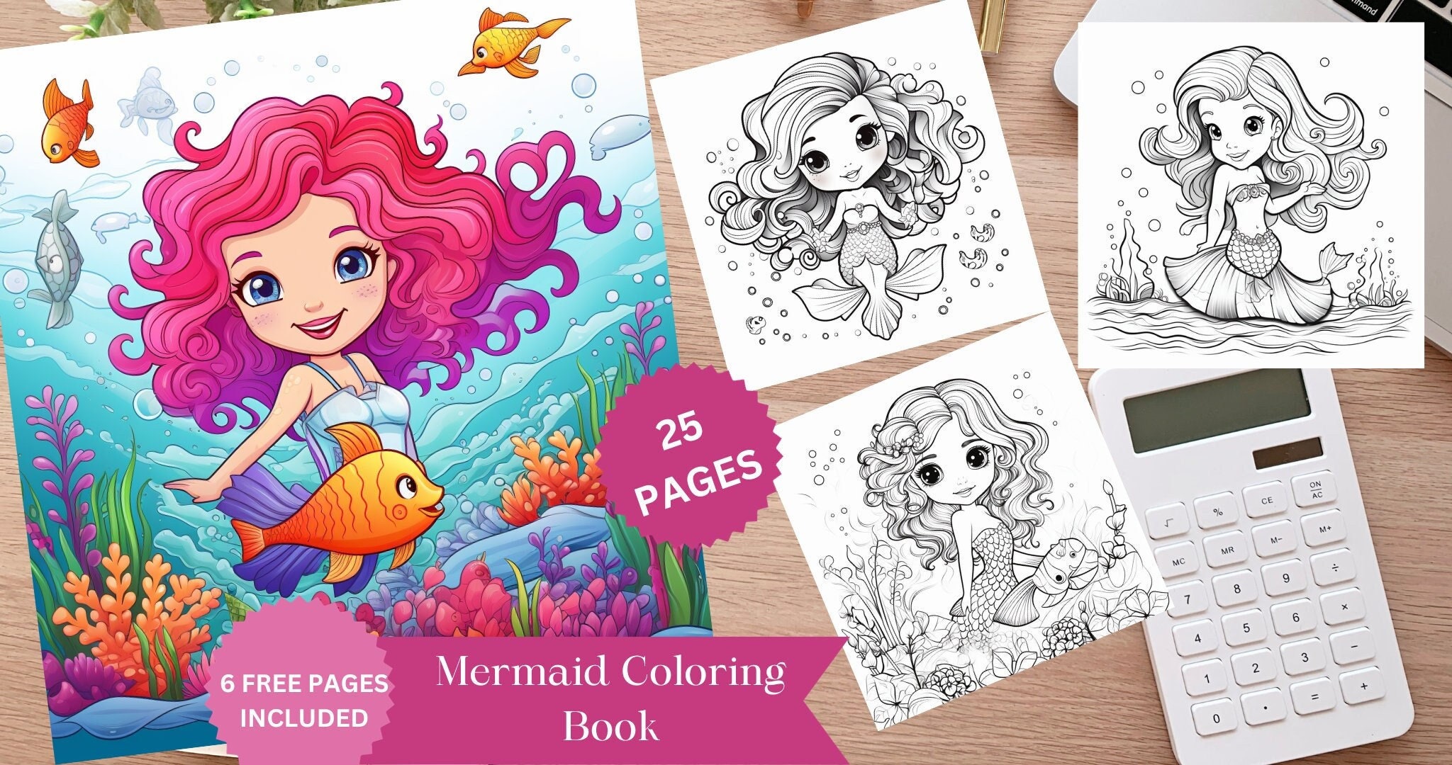 25 Cute Mermaid Coloring Book, Includes 6 Free Pages, All Ages, Kawaii ...