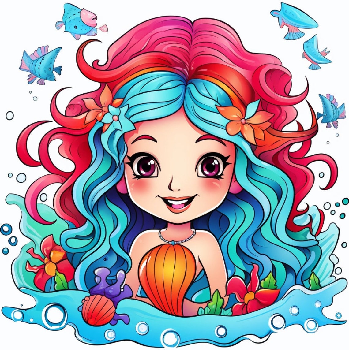 25 Cute Mermaid Coloring Book, Includes 6 Free Pages, All Ages, Kawaii ...