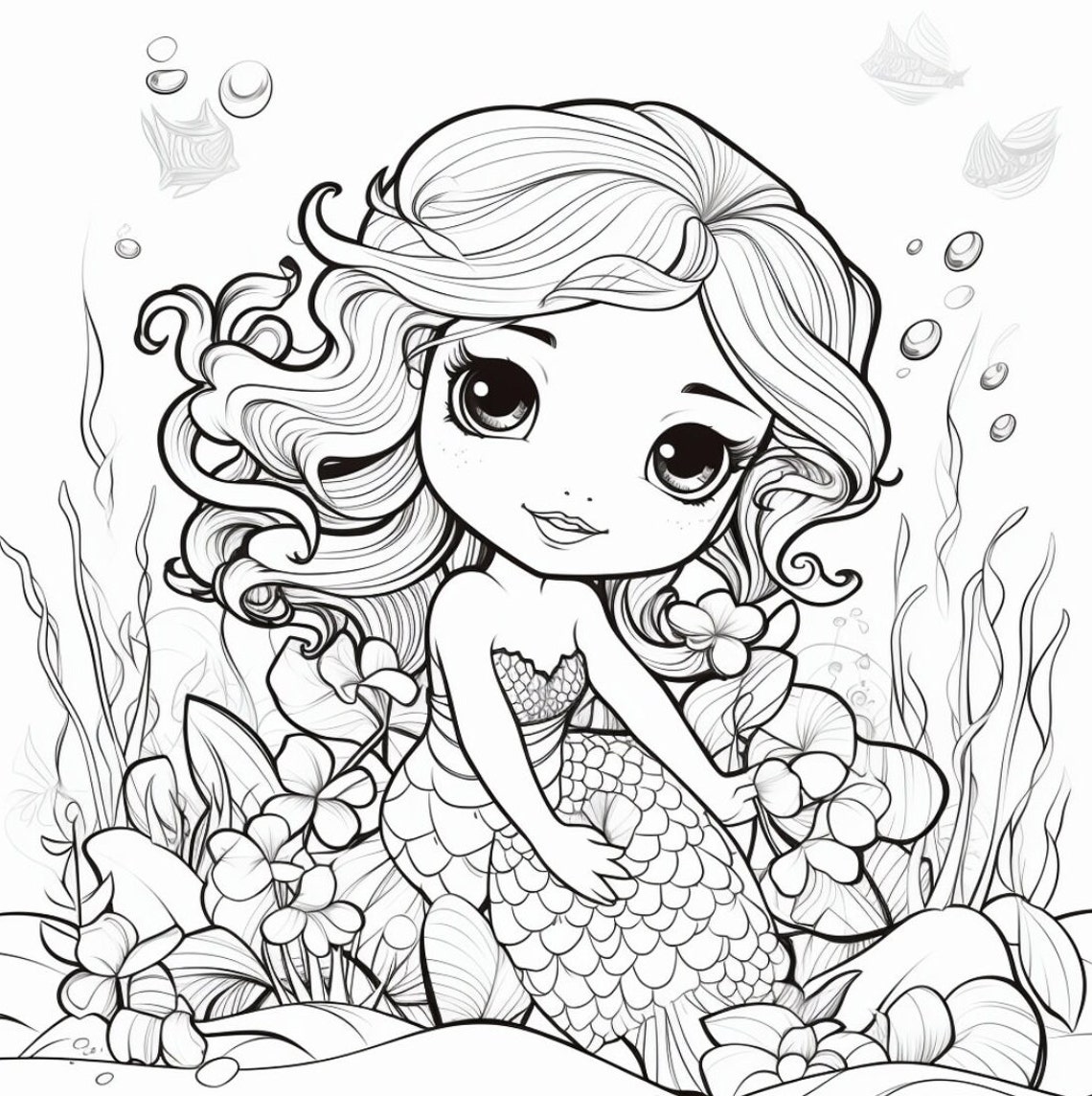 25 Cute Mermaid Coloring Book, Includes 6 Free Pages, All Ages, Kawaii ...