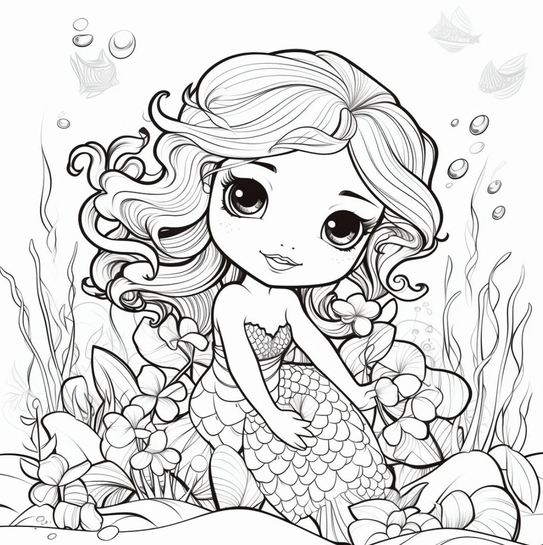 25 Cute Mermaid Coloring Book, Includes 6 Free Pages, All Ages, Kawaii ...