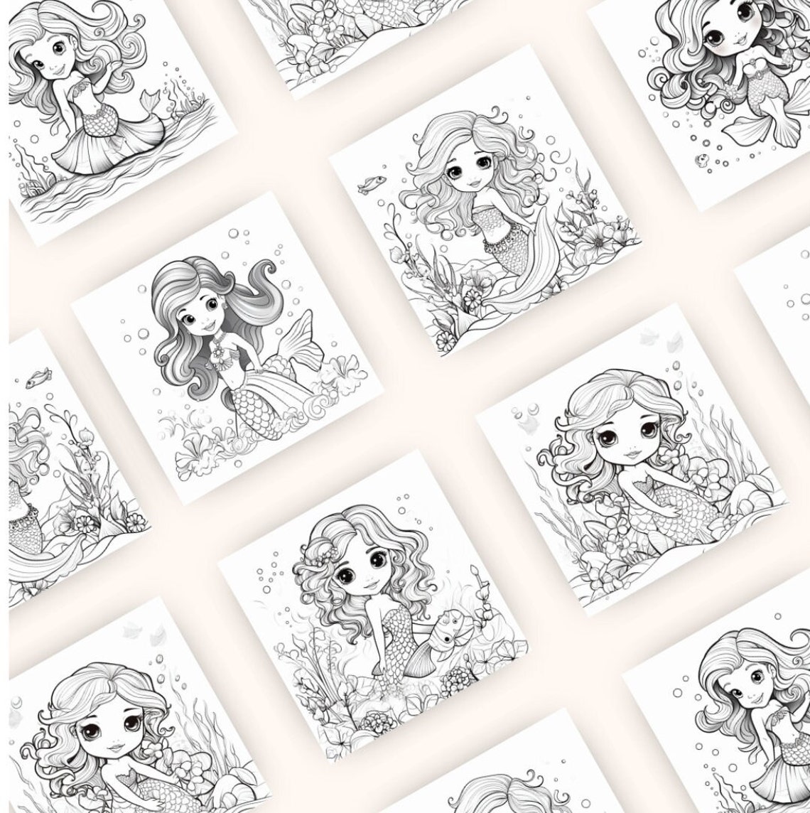 25 Cute Mermaid Coloring Book, Includes 6 Free Pages, All Ages, Kawaii ...