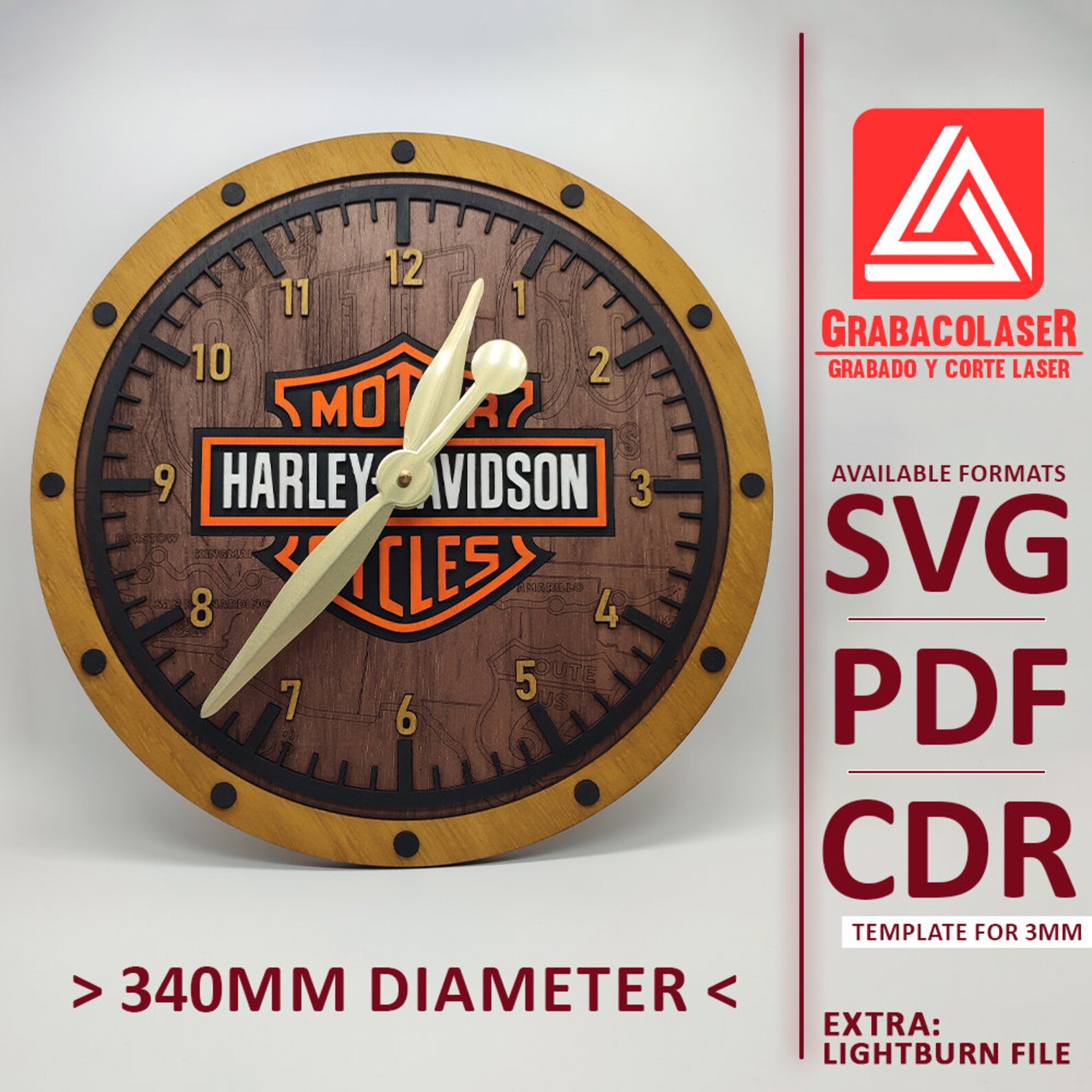 Harley Davidson Laser Cut Wall Clock 34cm in Diameter, DIGITAL DOWNLOAD ...