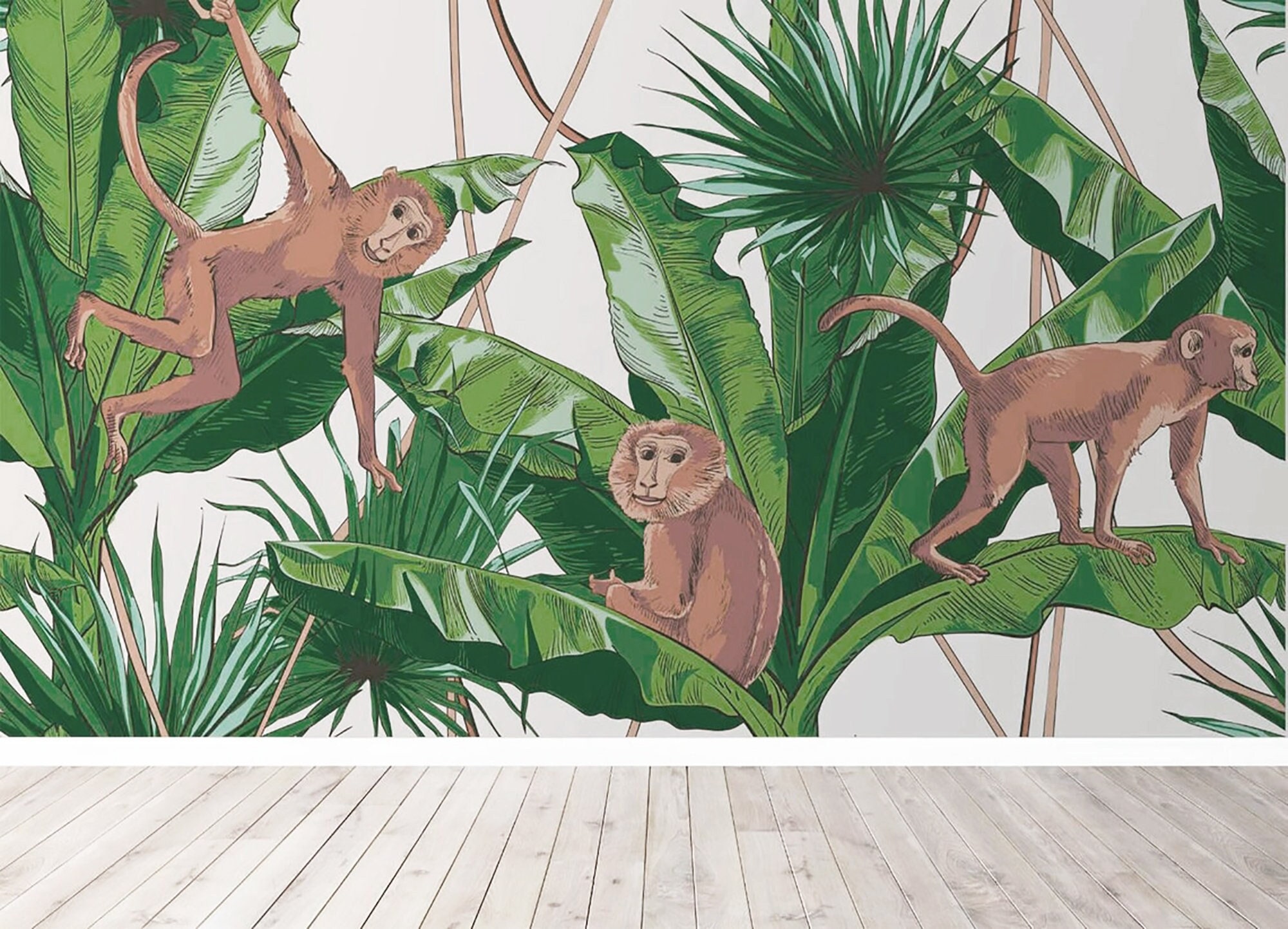 Jungle Monkeys Wallpaper Safari Wall Mural for Kids Nursery Palm Trees ...