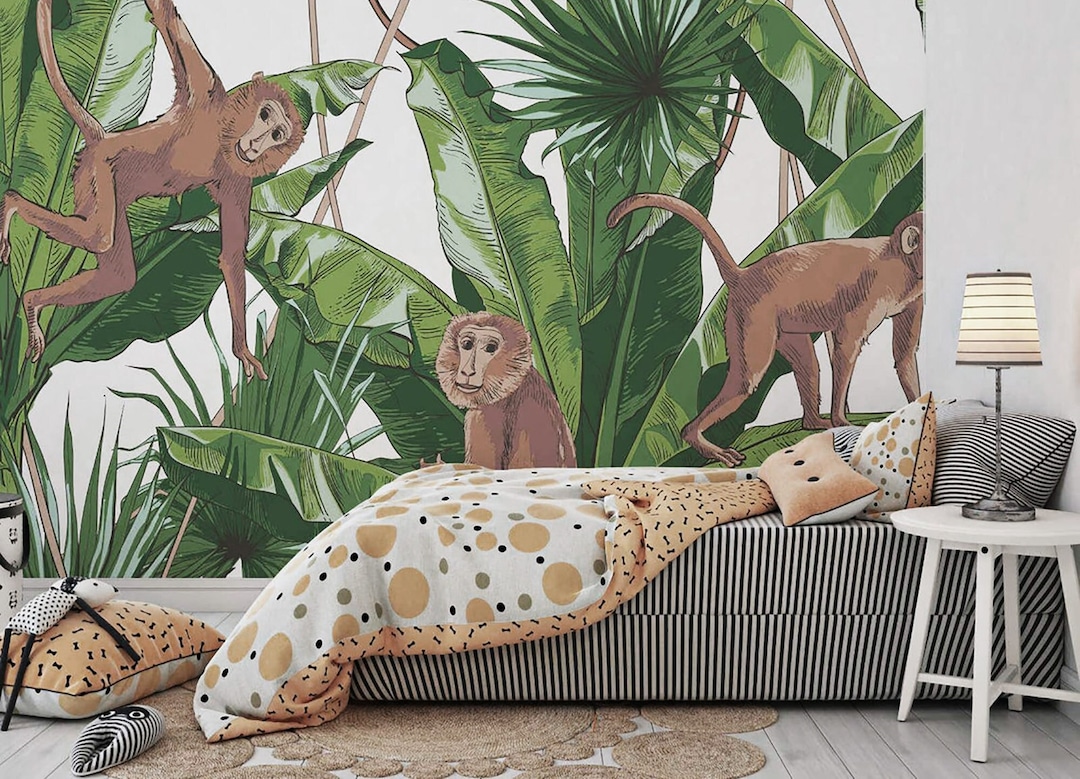 Jungle Monkeys Wallpaper | Safari Wall Mural for Kids Nursery | Palm ...