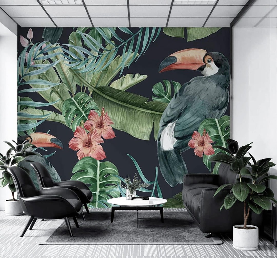 Tropical Leaves Wallpaper Mural, Leaves Flowers Wall Mural, Palm Leaves ...
