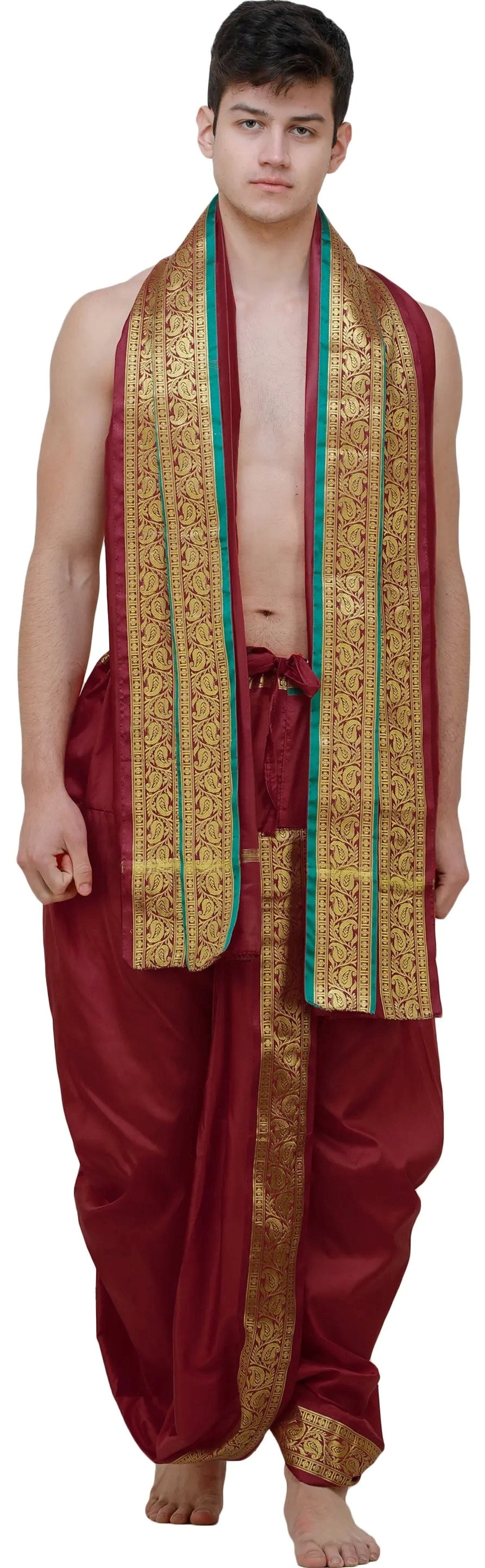 Ready to Wear Dhoti and Angavastram Set With Woven Golden Leaves Border ...
