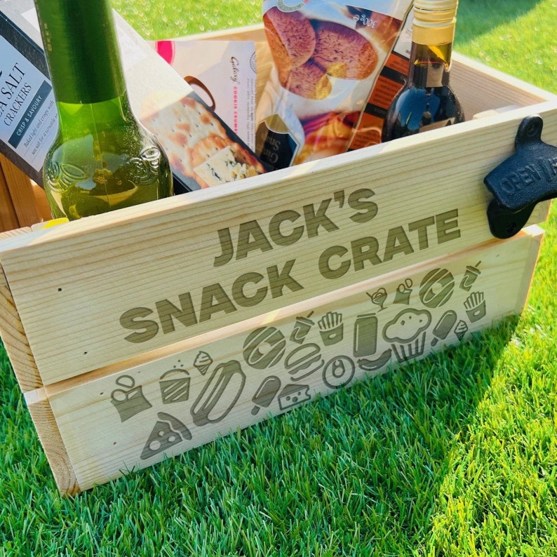Personalized Wooden Snack Crate With Bottle Opener: Engraved Gift Box ...