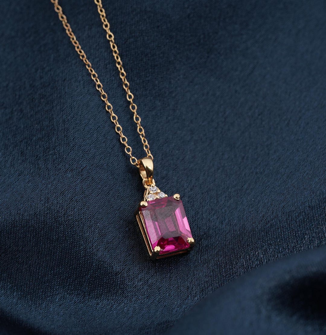 Ruby Emerald Pendant: 14k Gold Necklace, Pink Diamond Accent - Etsy