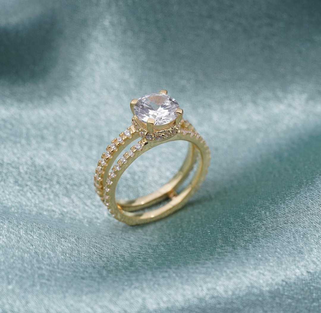 Moissanite Double Claw Ring: 14K Gold Plated Sterling Silver Engagement ...