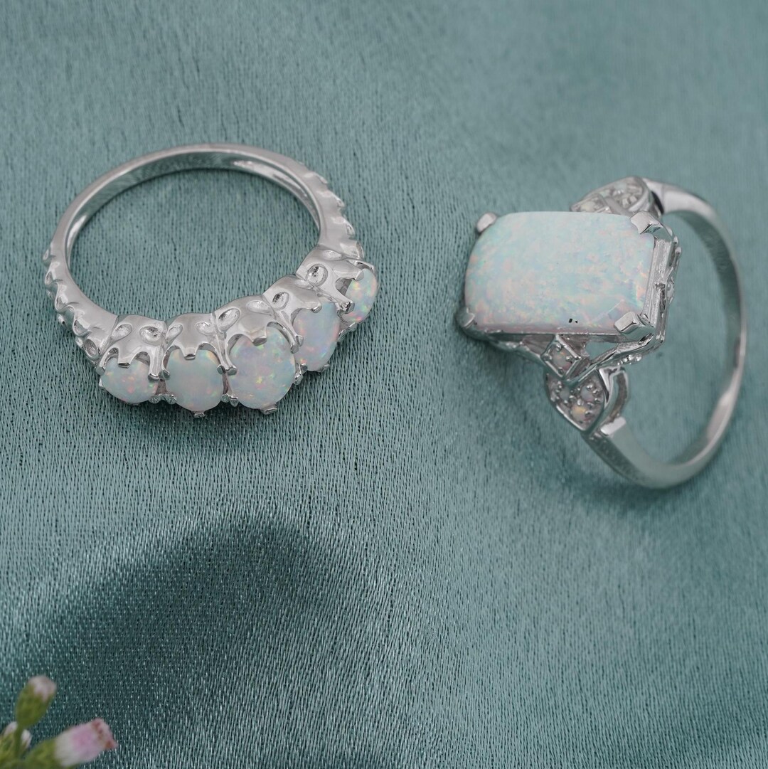 Opal Bridal Ring Set, Emerald Cut, Sterling Silver Wedding Band - Etsy