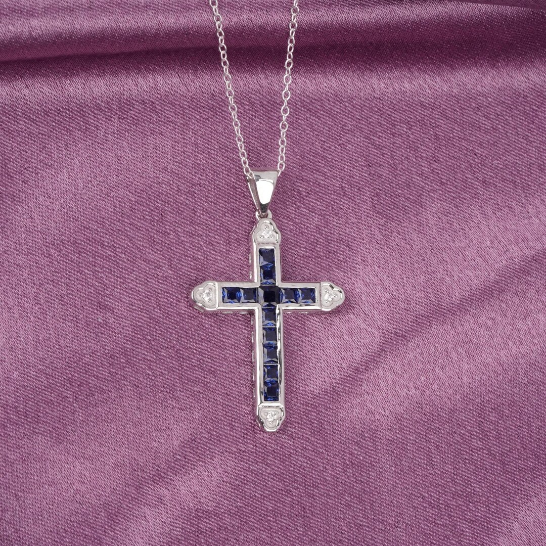 Princess Sapphire & Diamond Pendant, 2CT Blue Diamond Cross Pendant ...