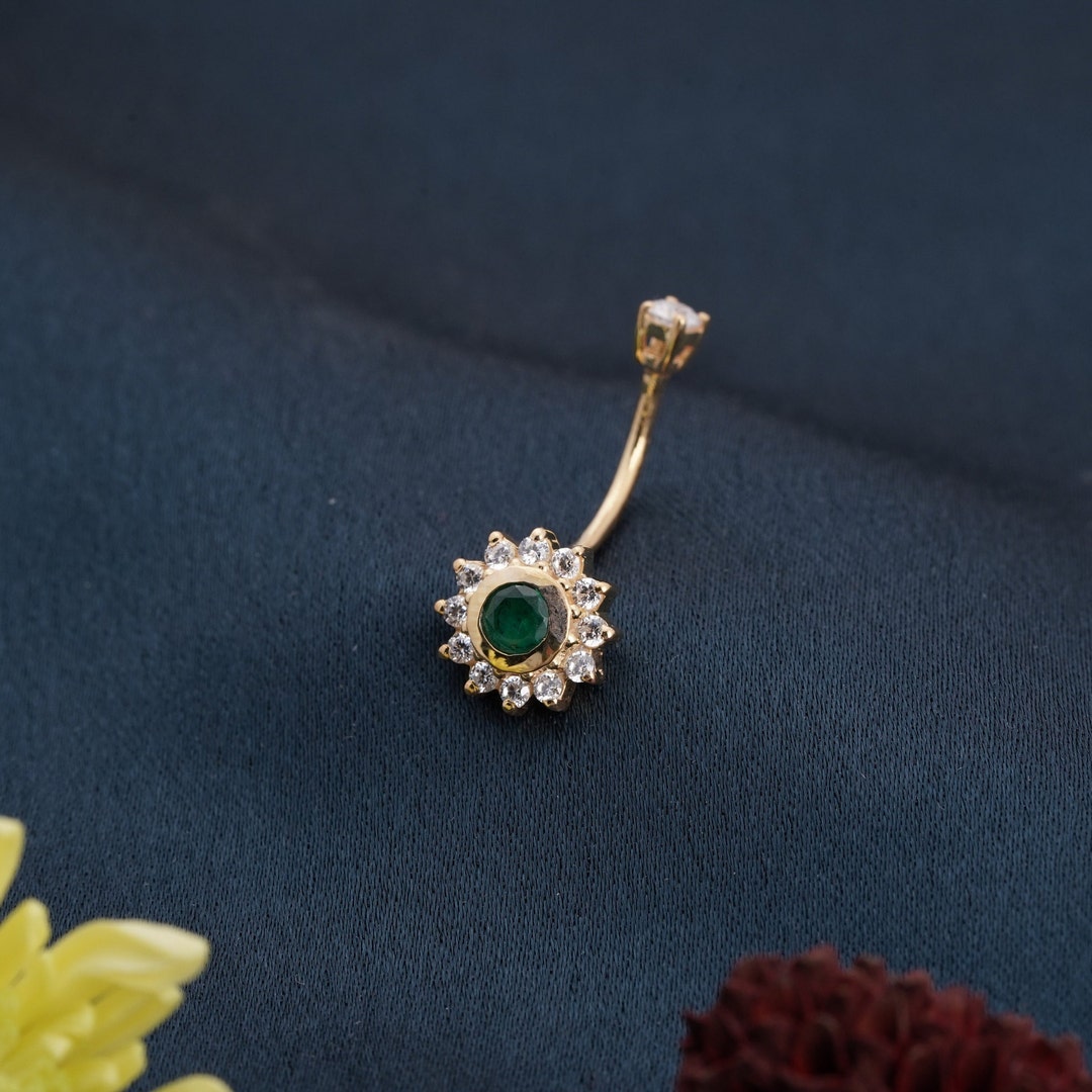 Emerald Diamond Navel Belly Button, 14k Yellow Gold Plated Flower Navel ...