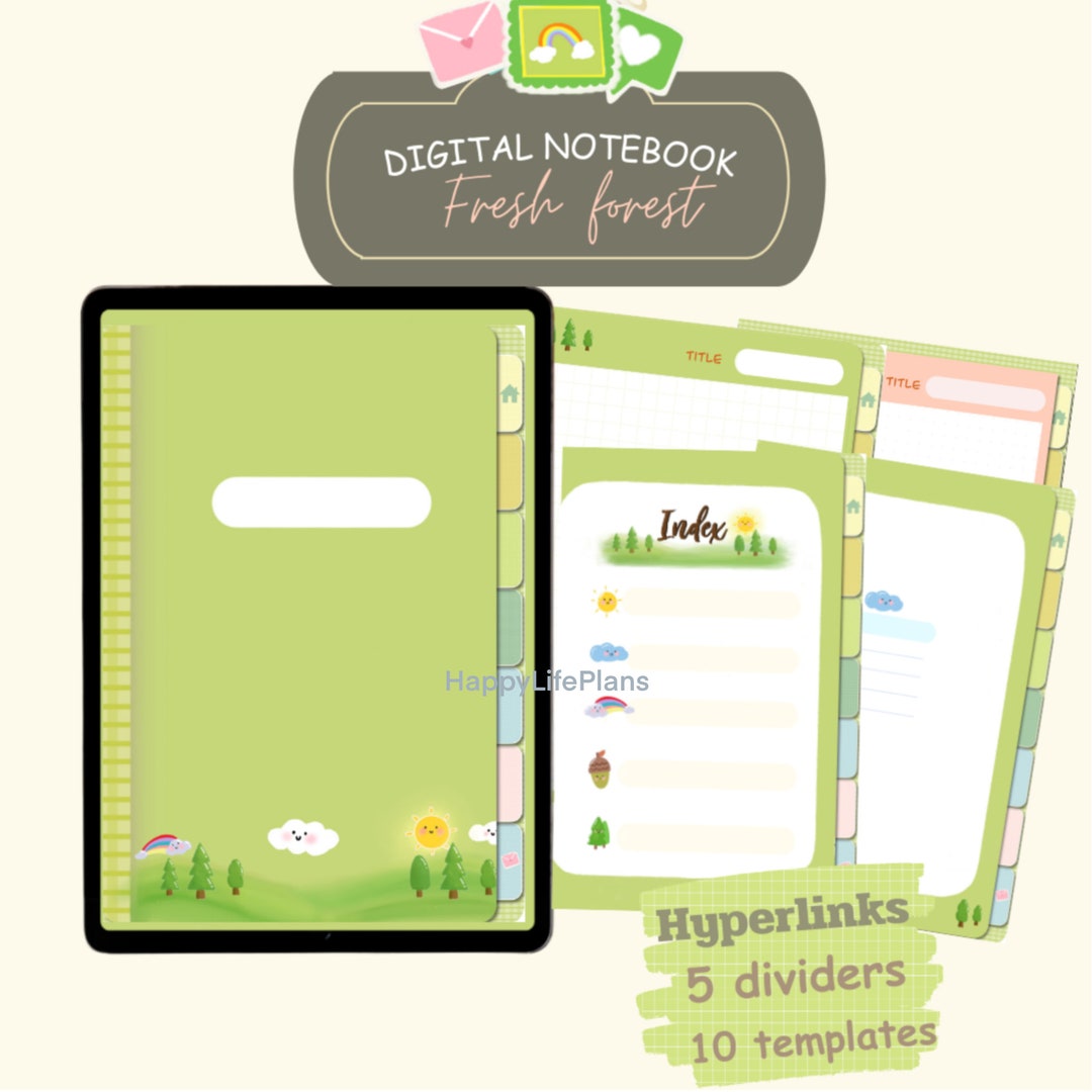 Cute Digital Notebook : Green Notebook With Hyperlink I Goodnote+ Notability I Stickers, Digital ...