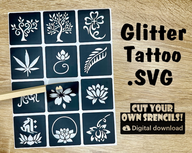 Glitter Tattoo Svg, SVG Stencils, Tattoo Designs, 12 Glitter Tattoo ...