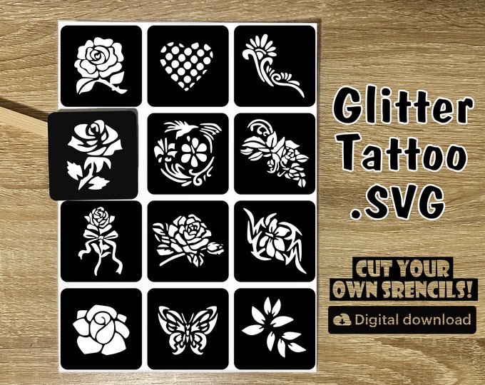 Glitzer Tattoo Schablone 48 Bundle, SVG, Schneiden Sie Ihre eigenen Schablonen, Dateien, Glitzer ...