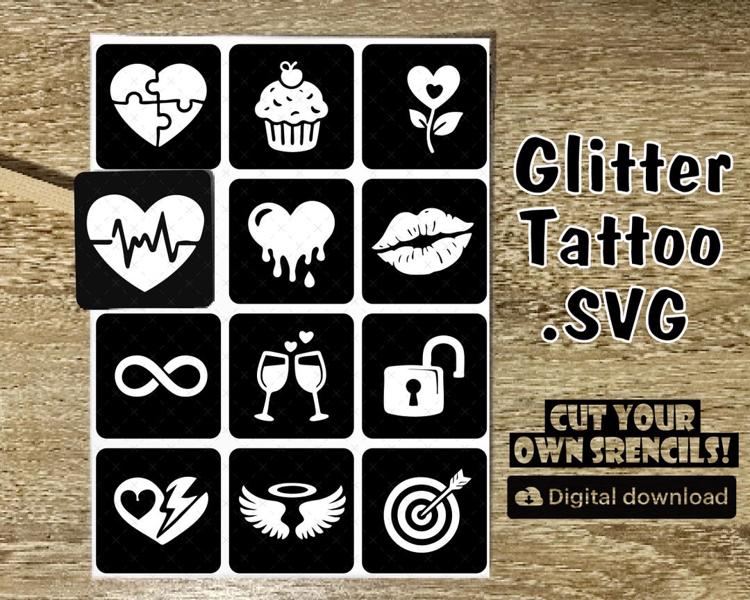 Glitter Tattoo Svg Stencil Valentine Love Icons Set – Heart Romance ...