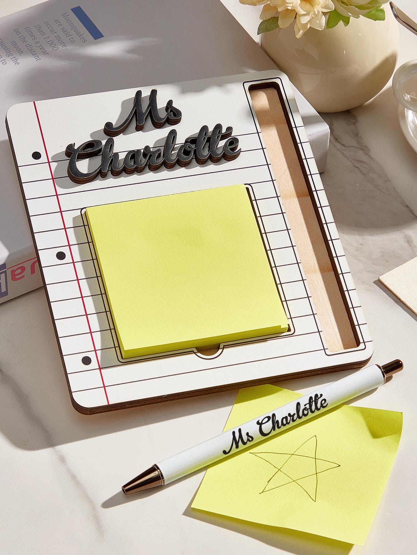 Personalized Name Sticky Note Wooden Holder With Pen, Custom ...