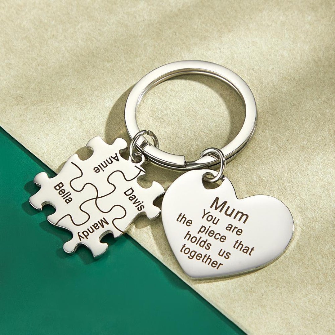 Custom Engraved Puzzle Heart Shaped Keychain, Mother's Day Gift ...