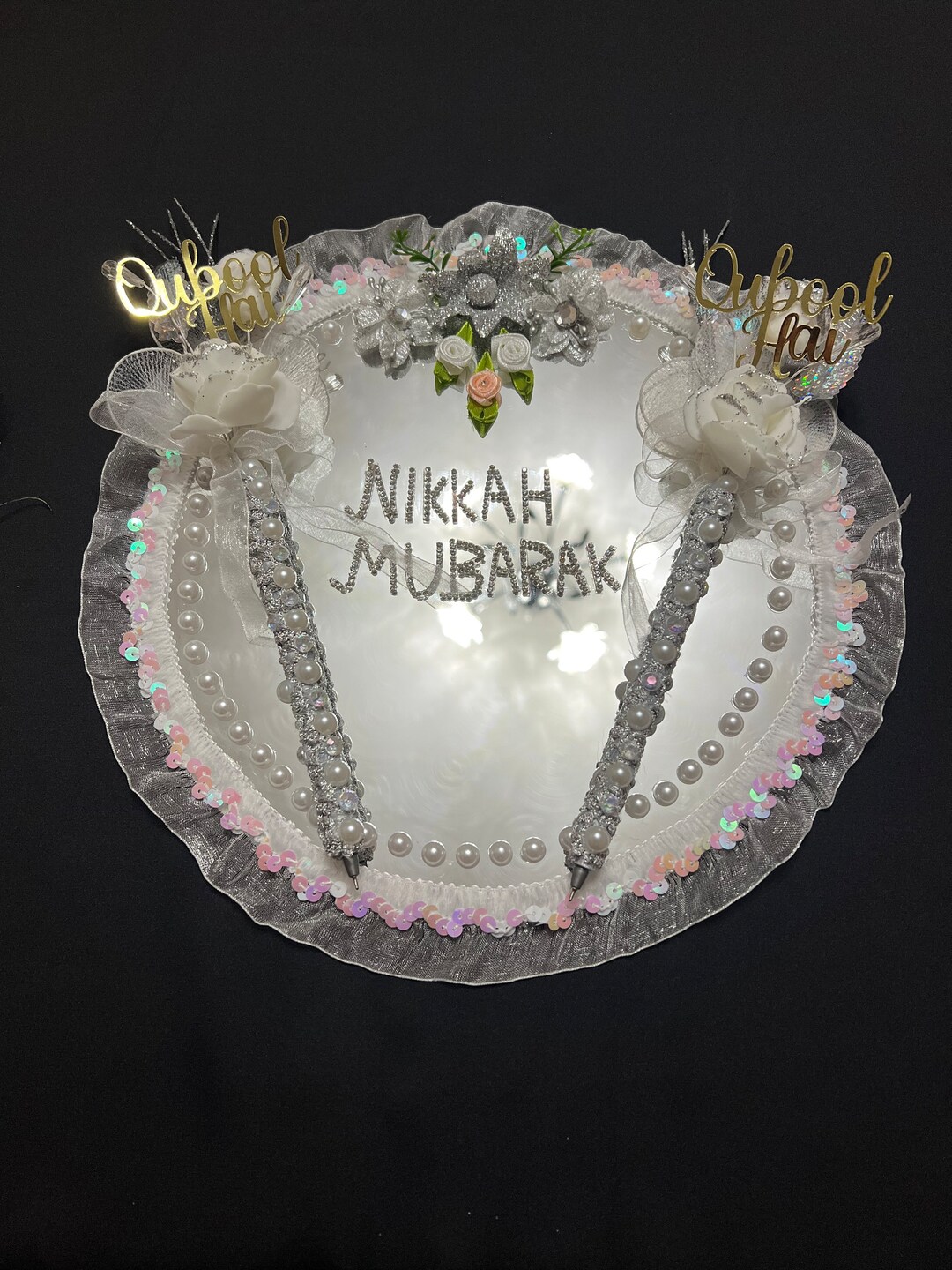 Nikkah Mubarak Mirror Plate and Two Qabool Hai Pair of Pens Set - Bride ...
