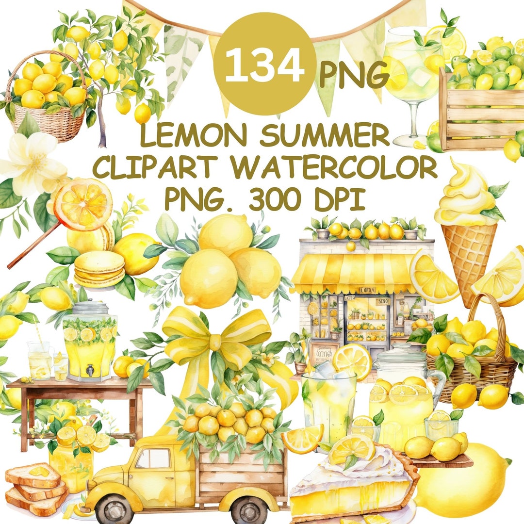 Watercolor Lemon Summer Clipart Bundle, Lemonade PNG, Sweet Lemon ...