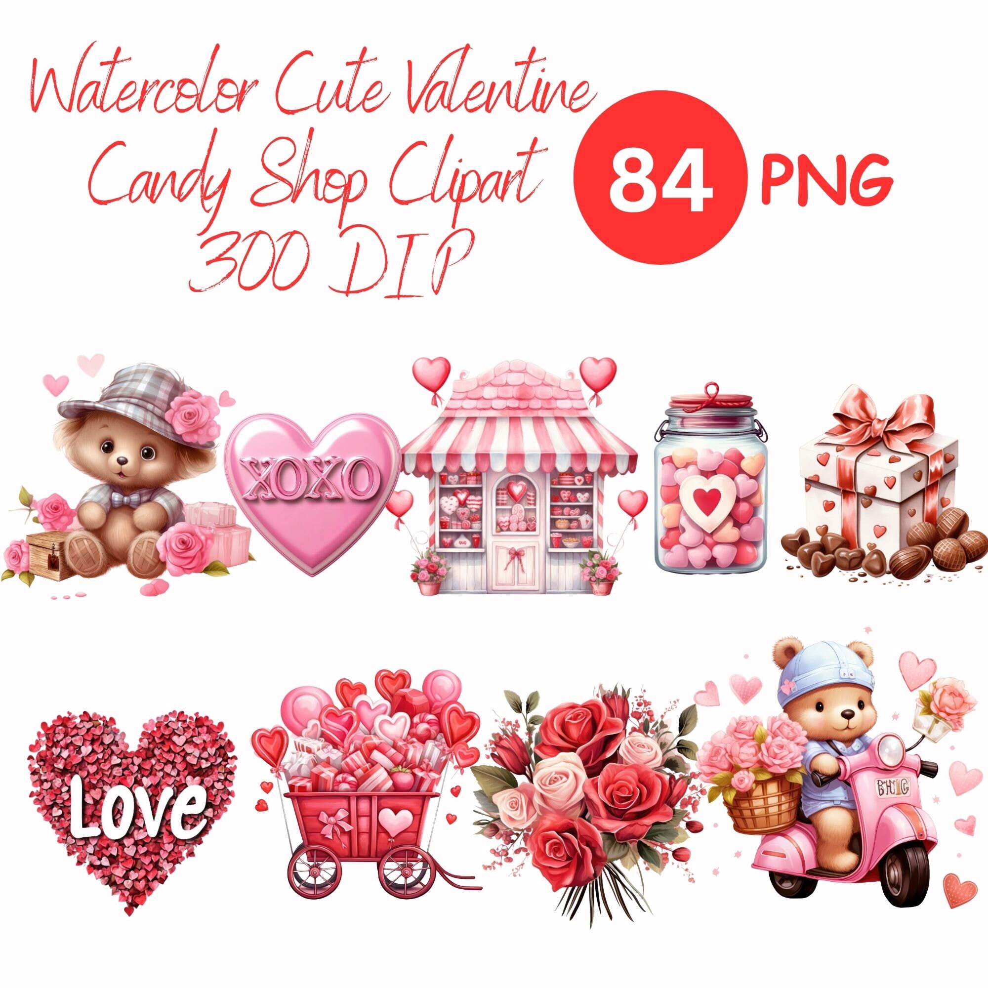 Watercolor Valentine Candy Shop Clipart, 84 PNG Pink Red Heart Shape ...