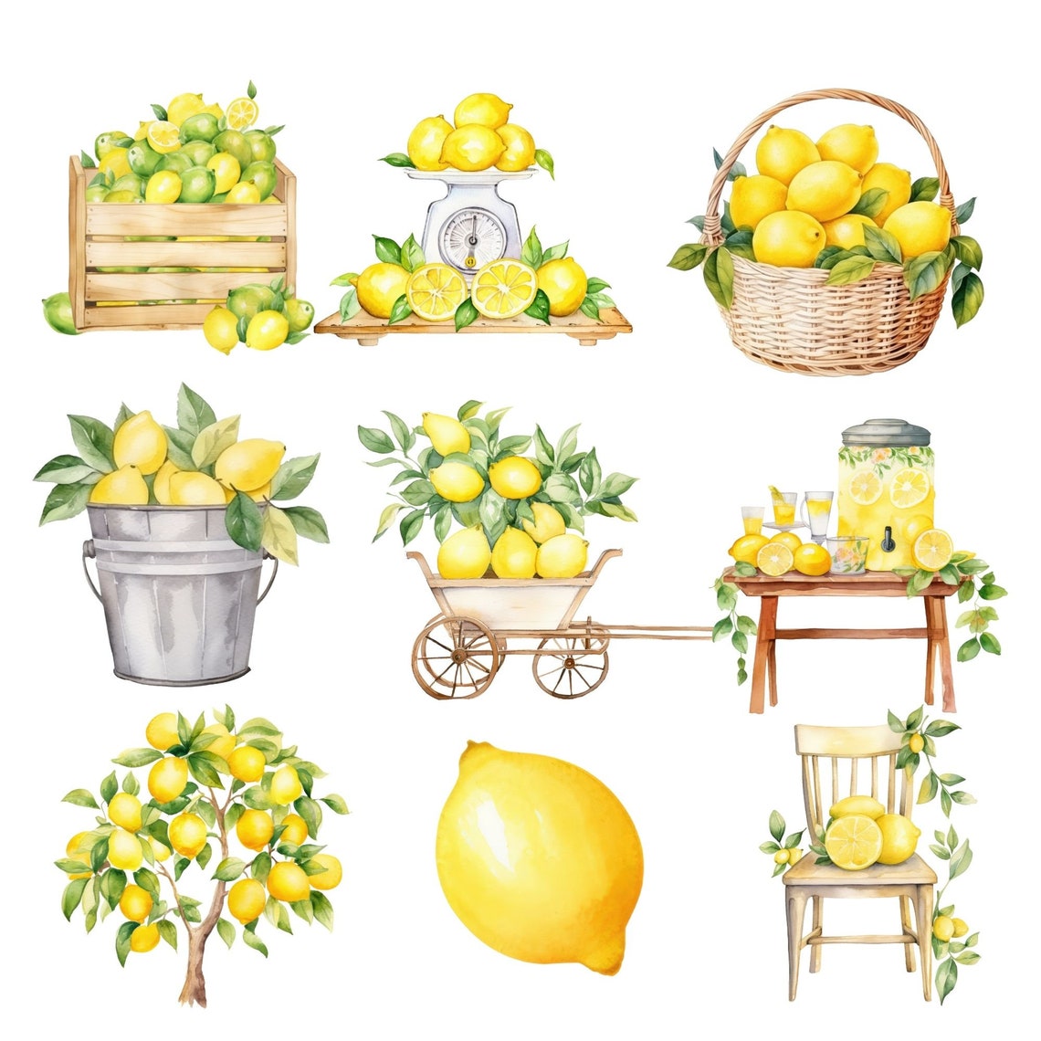 Watercolor Lemon Summer Clipart Bundle, Lemonade PNG, Sweet Lemon ...