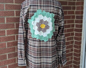Medium Upcycled Quilt Block Flannel Plaid + Green Flower - Etsy