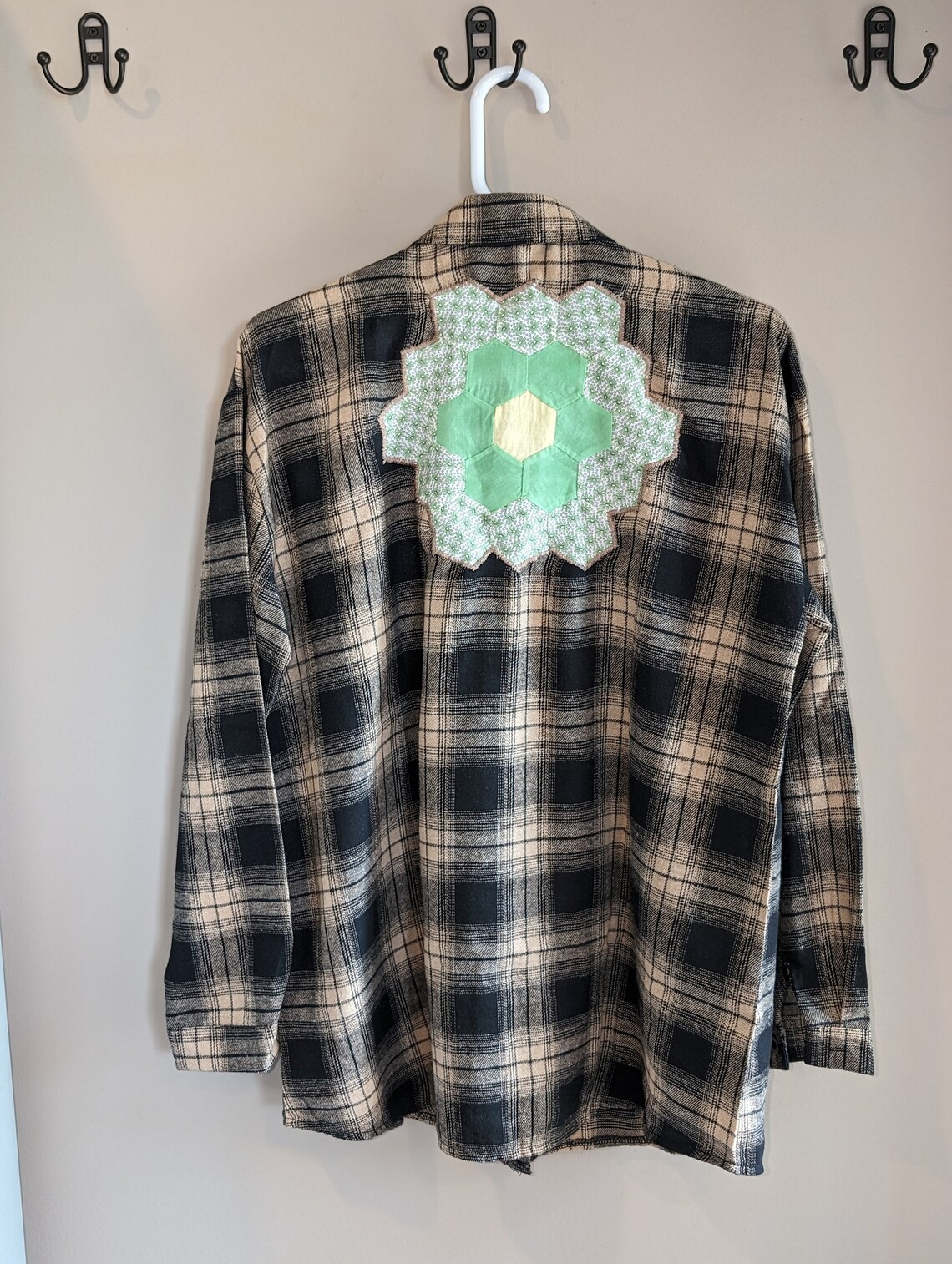 Medium Upcycled Quilt Block Flannel Plaid + Green Flower - Etsy