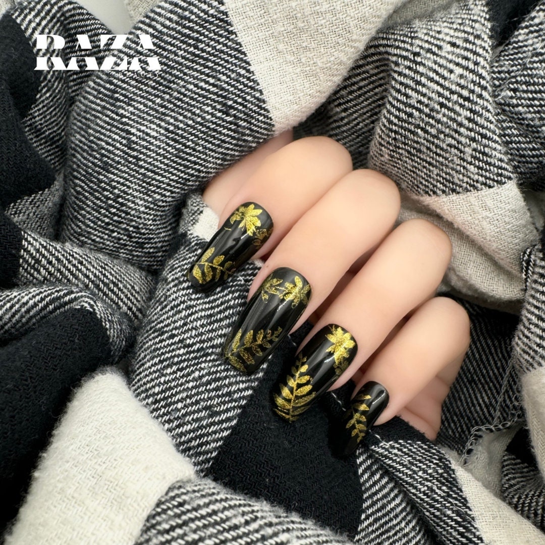 Gold Leaves Press on Nails Black and Gold Press on Nails Extra Short to ...