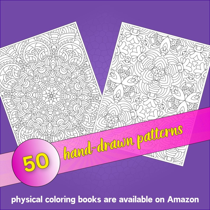 50 Coloring Book Pages for Adults, Hand Drawn Patterns and Mandalas ...