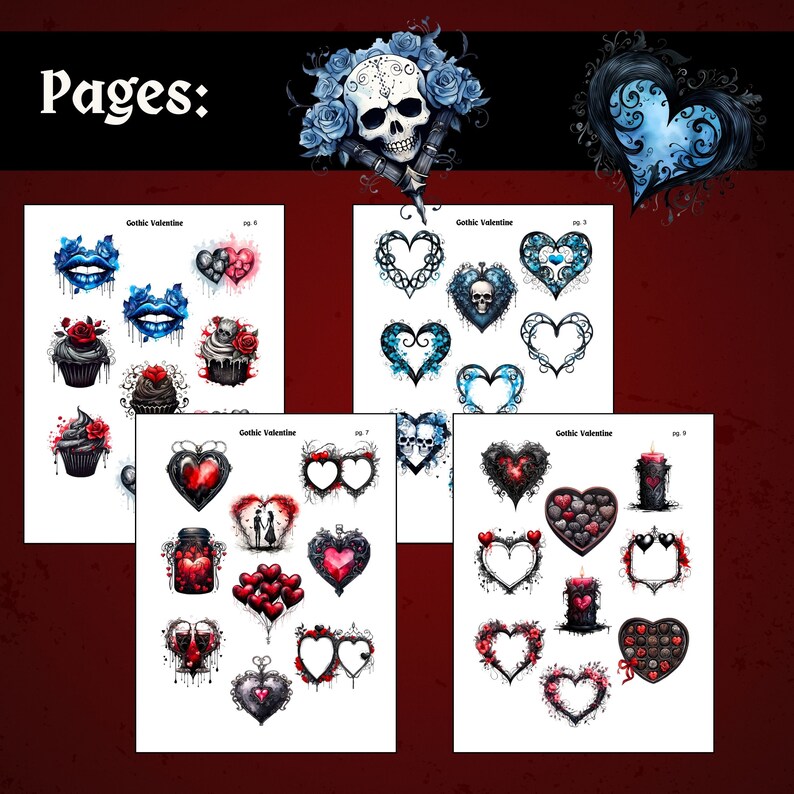 Gothic Valentines Day Clip Art, 100 Pngs in Red and Blue, Digital ...