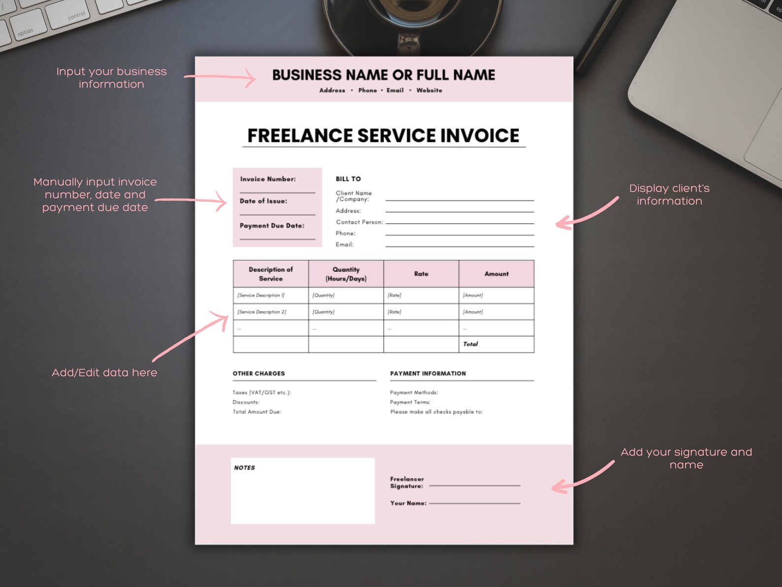 Printable Freelance Service Invoice Template, Customizable PDF Invoice ...