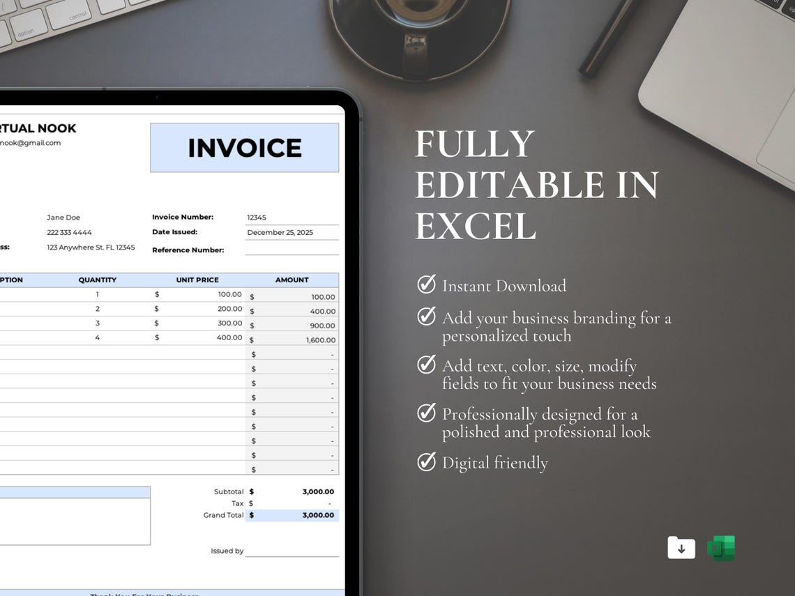 Professional Invoice Template, Editable Invoice for Small Business ...