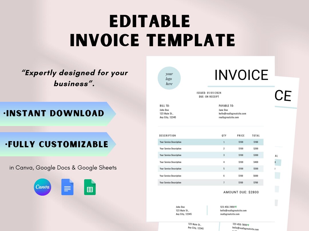 Invoice Template Canva, Google Docs, Google Sheets, Business Invoice ...