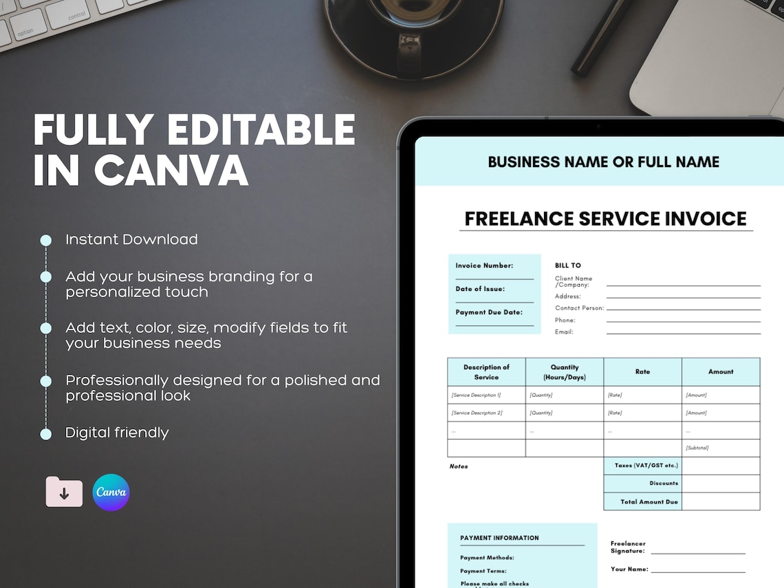 Printable Freelance Service Invoice Template, Customizable PDF Invoice ...