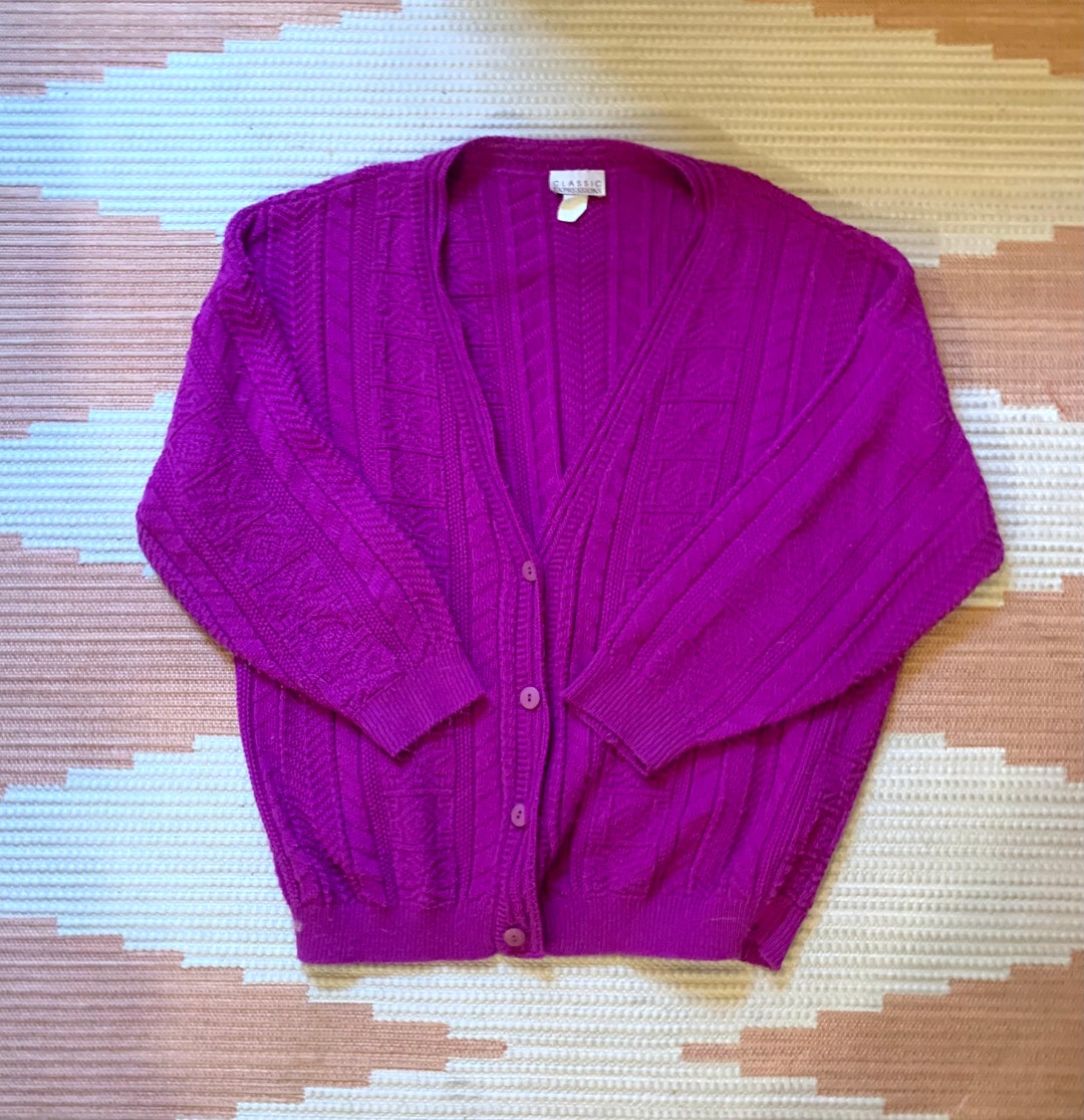 80s Vintage Pink Cardigan, Oversized Cardigan, Chunky Cardigan, Size XL ...