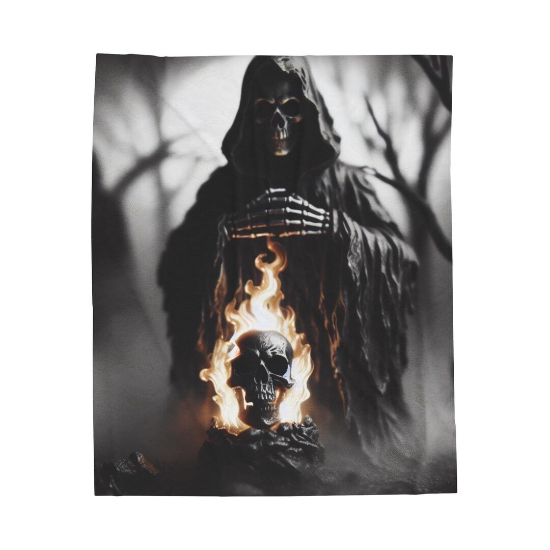 Grim Reaper Flaming Skull Blanket, Reaper Throw, Gothic Skull Velveteen ...