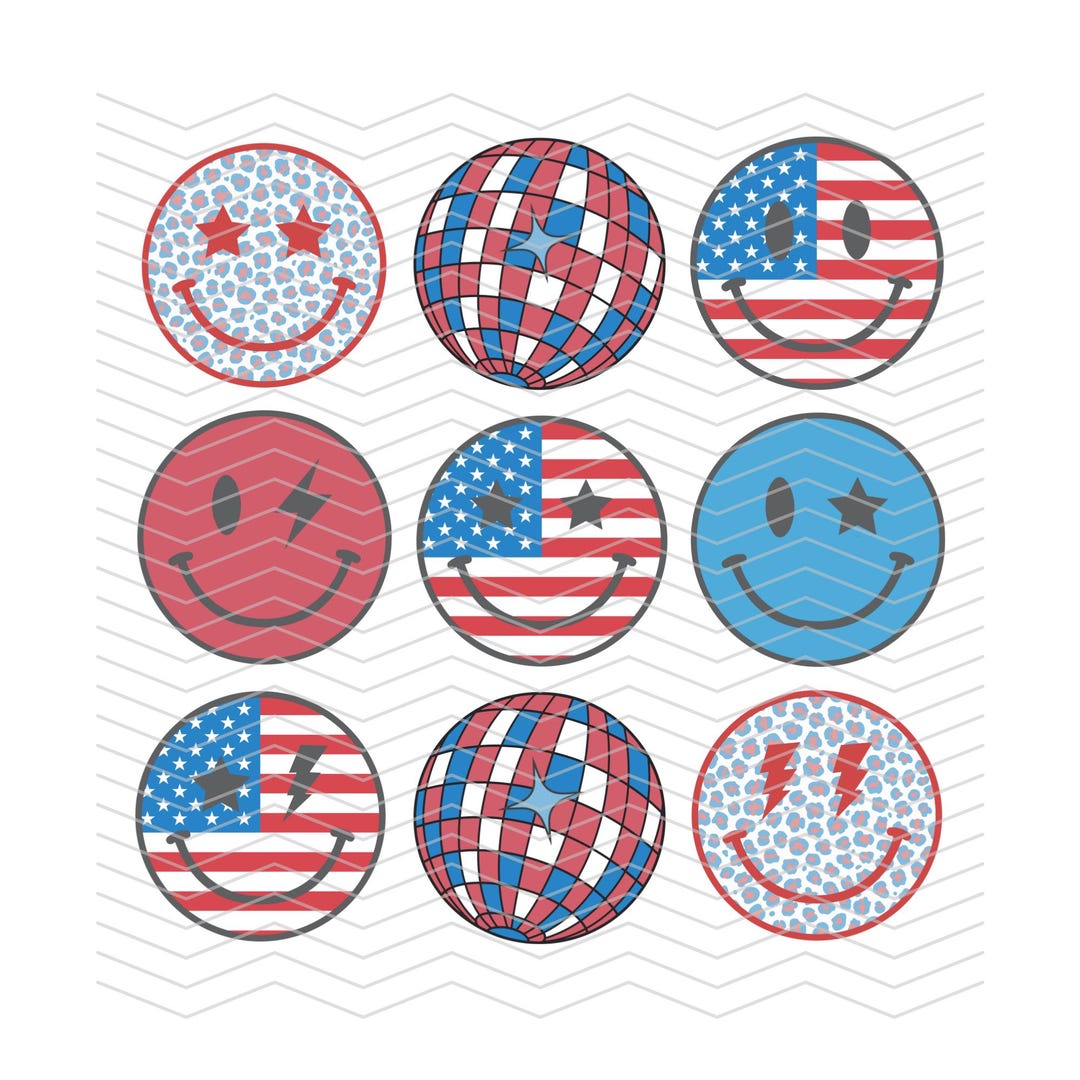 USA Retro Cute Smileys Red White & Blue Stars and Stripes America 4th ...
