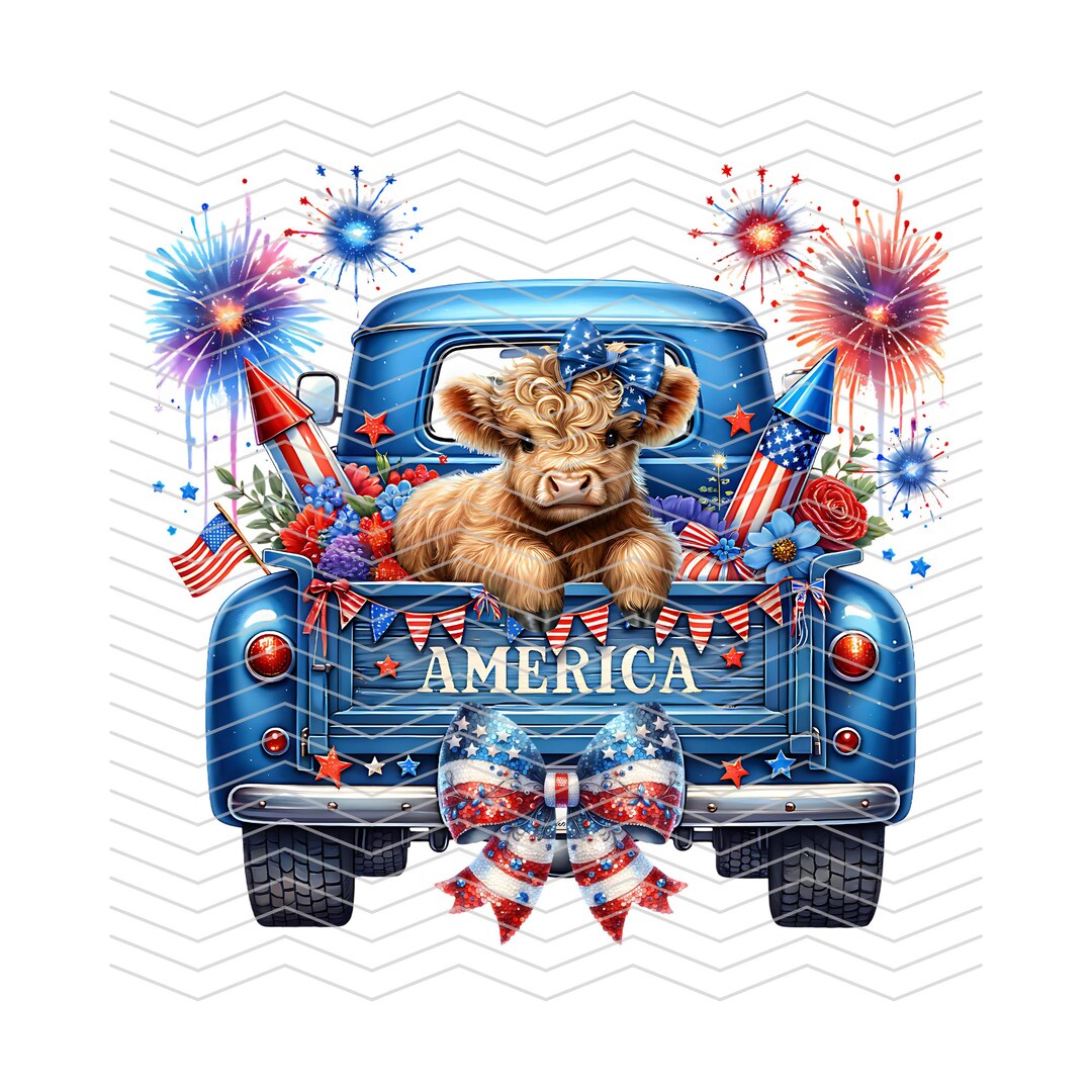 USA 4th of July Cow Fireworks Retro Truck Memorial Day Ready to Press ...