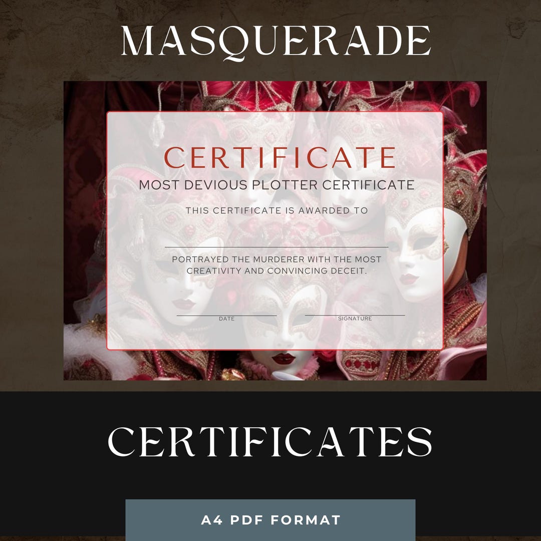 Masquerade Murder Mystery Game CERTIFICATES, A4 Certificate for Murder ...