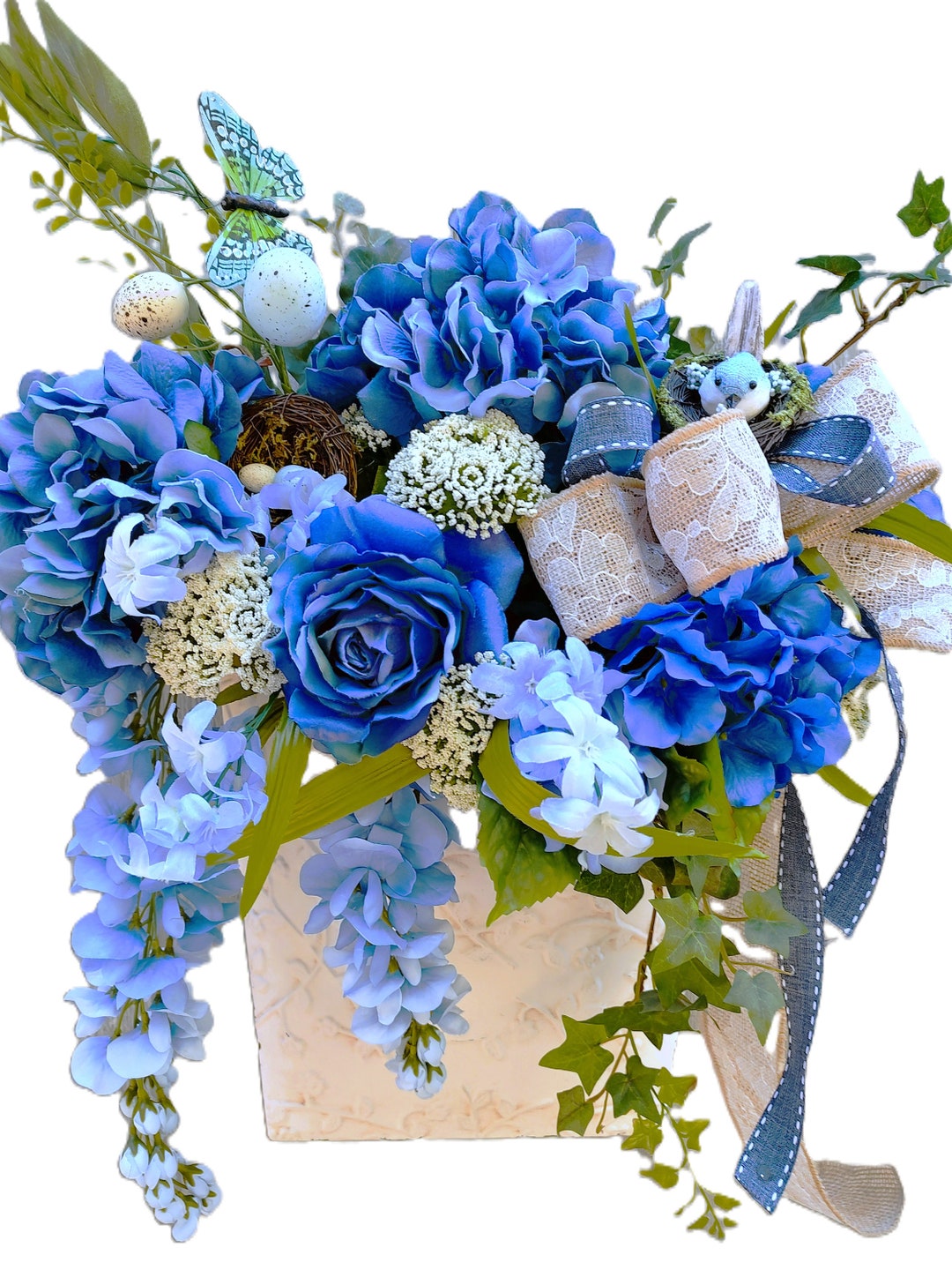 Farmhouse Spring Flowers of Blue Arrangement Metal Basket of Flowers ...