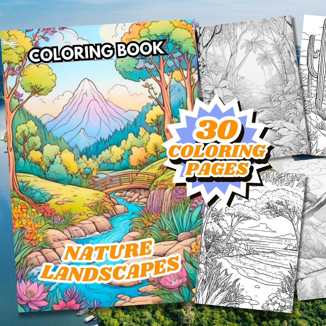 30 Nature Landscape Coloring Pages. Nature Coloring Book. - Etsy