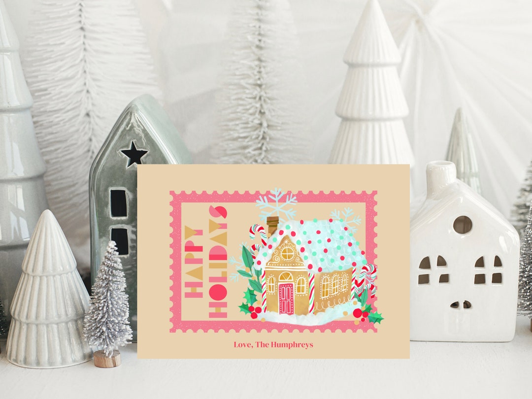 Editable Gingerbread House Christmas Card Digital Download Pink Happy ...
