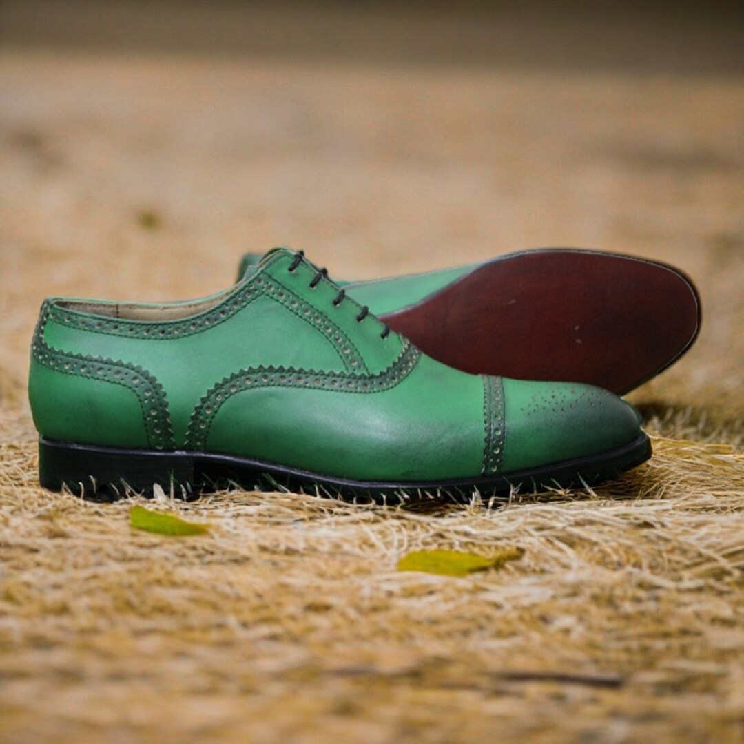 Green Leather Cap Toe Brogue Oxford Casual and Dress Boots, New Men's ...