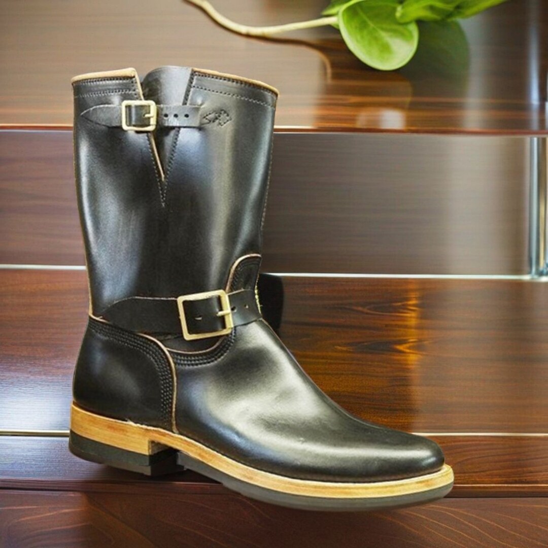 Handmade Cowhide Black Leather Ankle High Long Retro Double Buckle ...