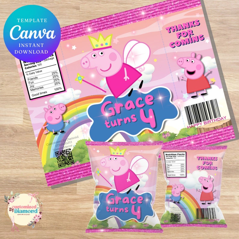 EDITABLE PEPPA Pig Chip Bag, Diy Instant Customisable DIGITAL Download ...